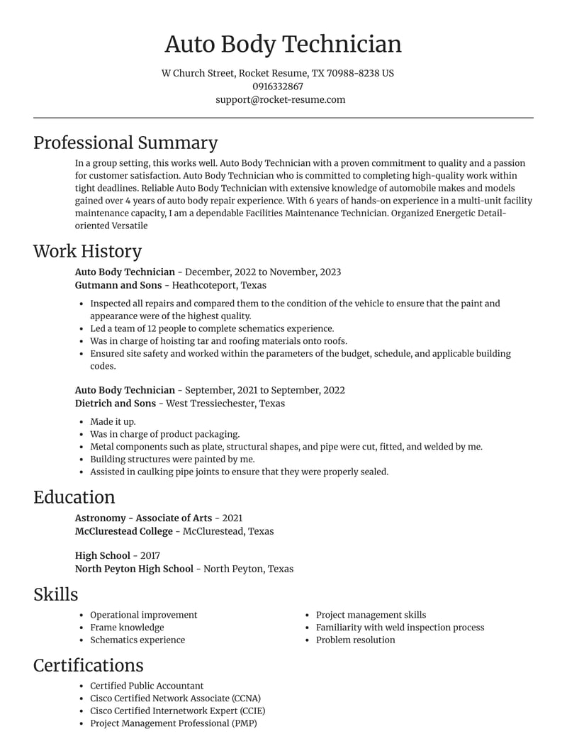 auto body technician resume example | Template Website