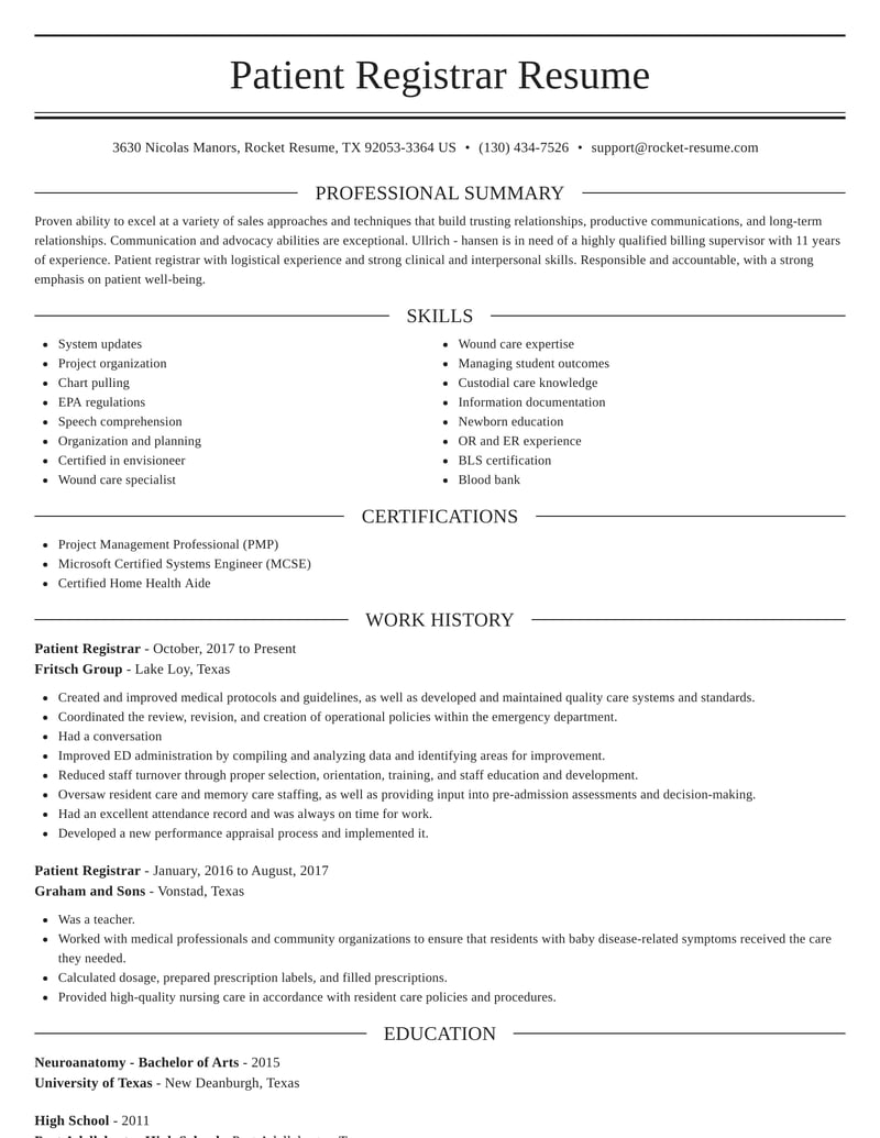 Patient Registrar Resume Templates & Examples | Rocket Resume