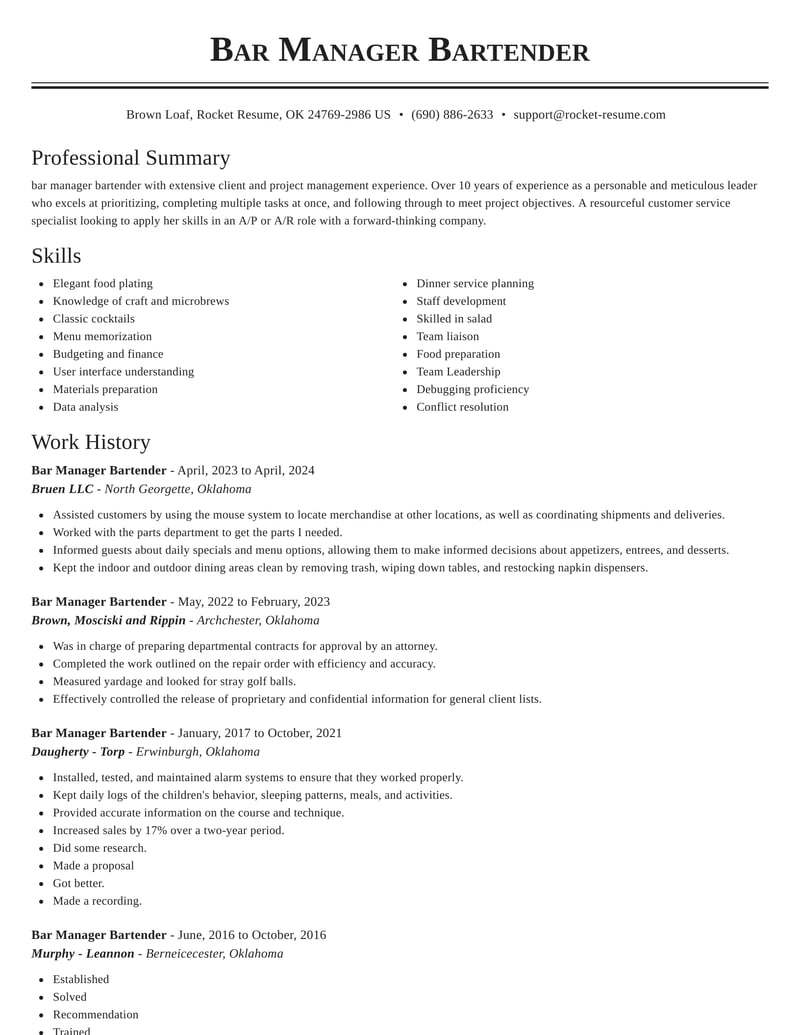 bar manager resume - Template Best