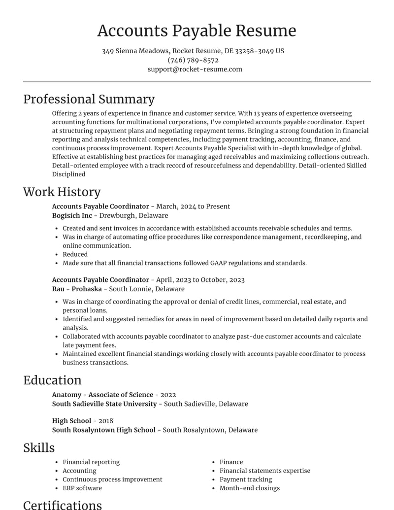 Accounts Payable Coordinator Resumes | Rocket Resume