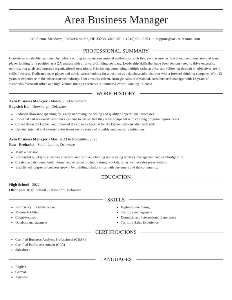 Area Business Manager Resumes | Rocket Resume