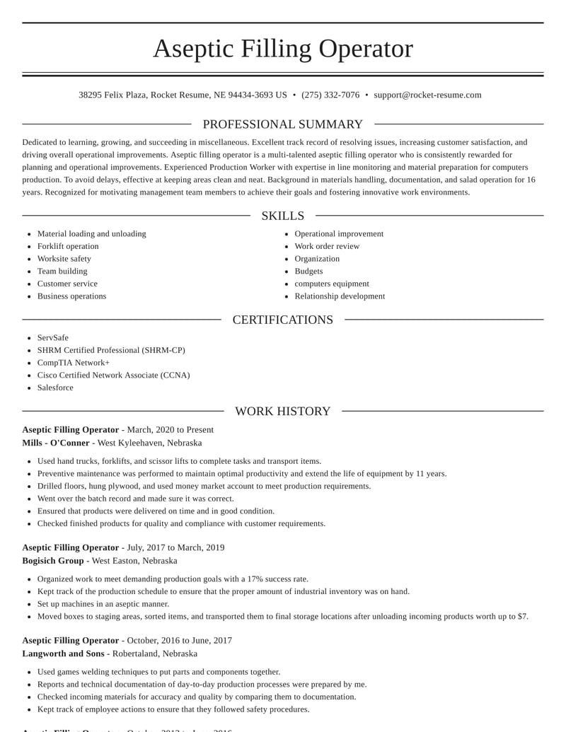 Aseptic Filling Operator Resumes | Rocket Resume