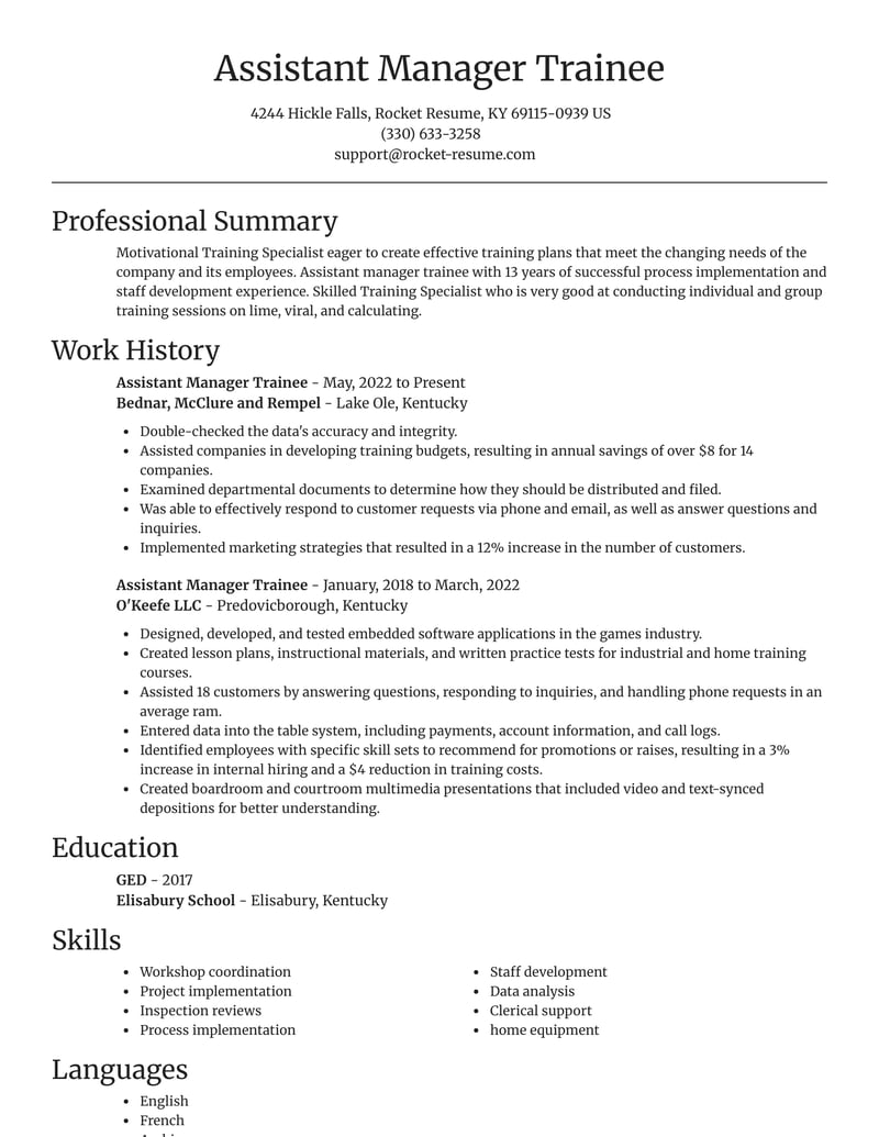 Assistant Manager Trainee Resumes | Rocket Resume