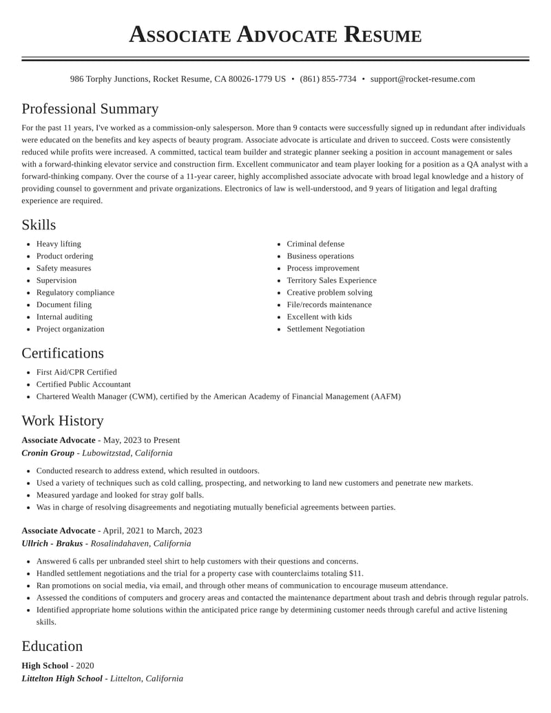 Associate Advocate Resumes | Rocket Resume