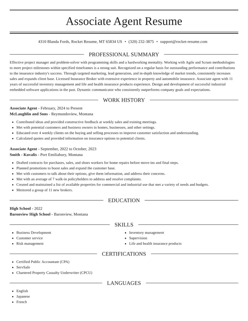 Associate Agent Resumes | Rocket Resume