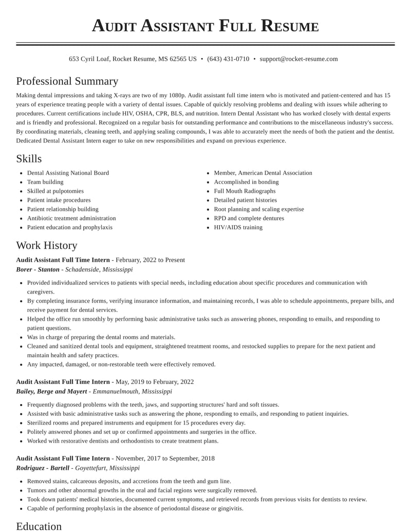 Audit Assistant Full Time Intern Resumes | Rocket Resume