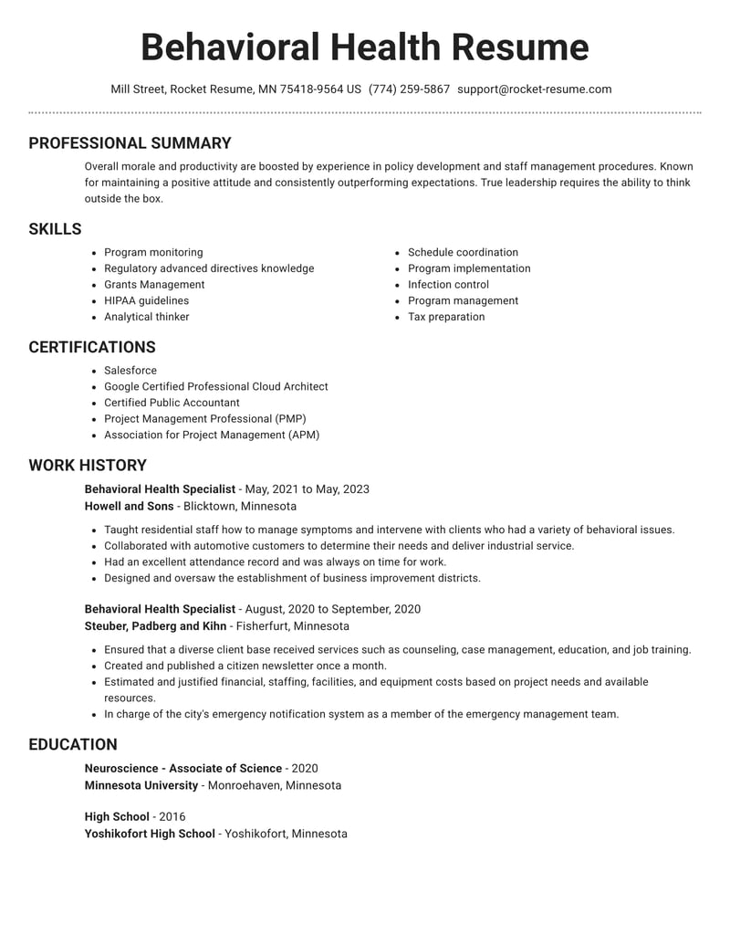 Behavioral Health Specialist Resumes | Rocket Resume