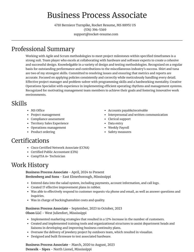 Business Process Associate Resumes | Rocket Resume