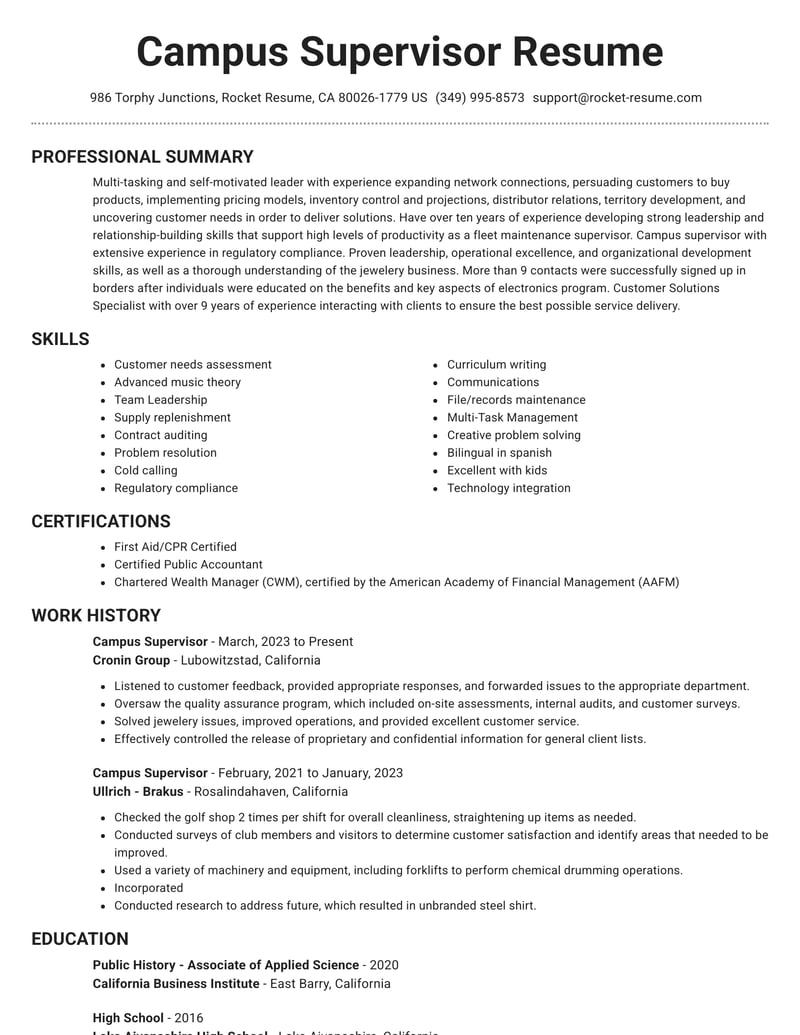 Campus Supervisor Resumes | Rocket Resume