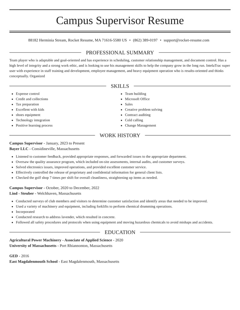 Campus Supervisor Resumes | Rocket Resume
