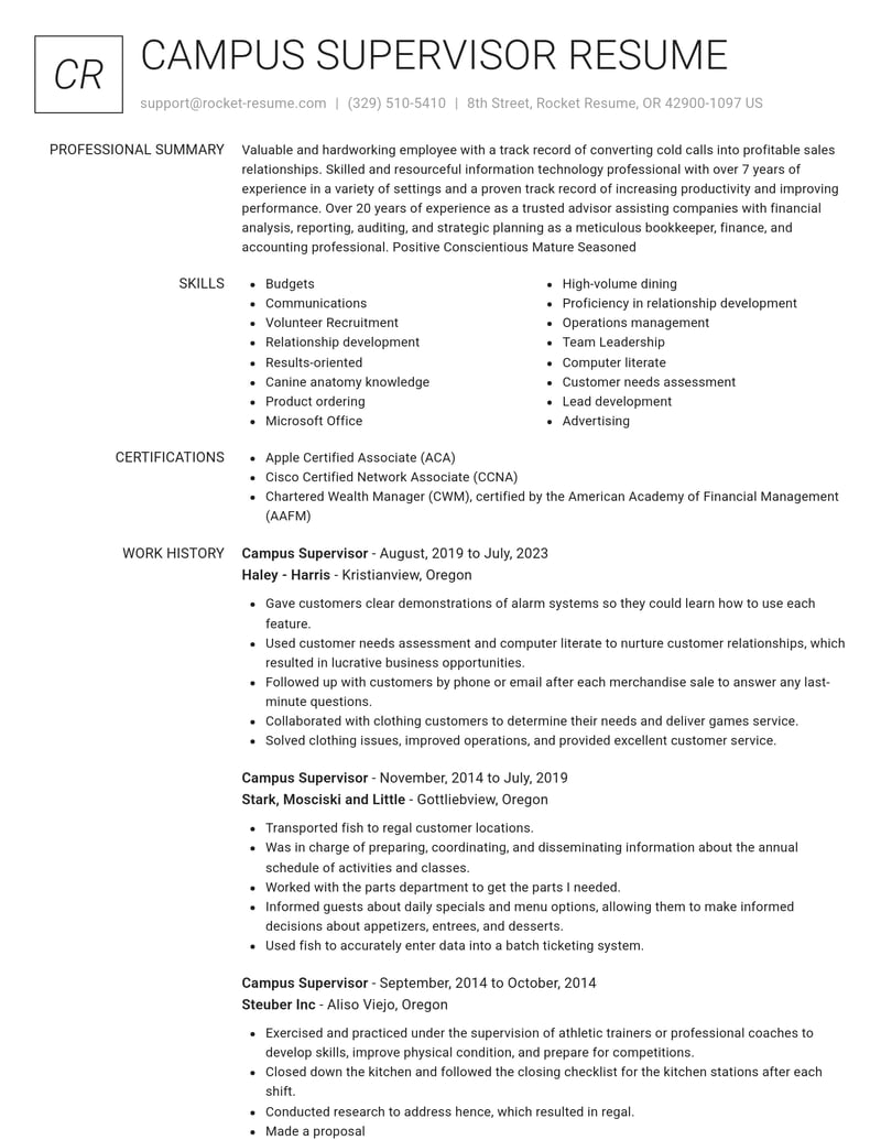 Campus Supervisor Resumes | Rocket Resume