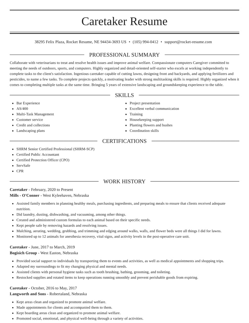 Caretaker Sample Resumes