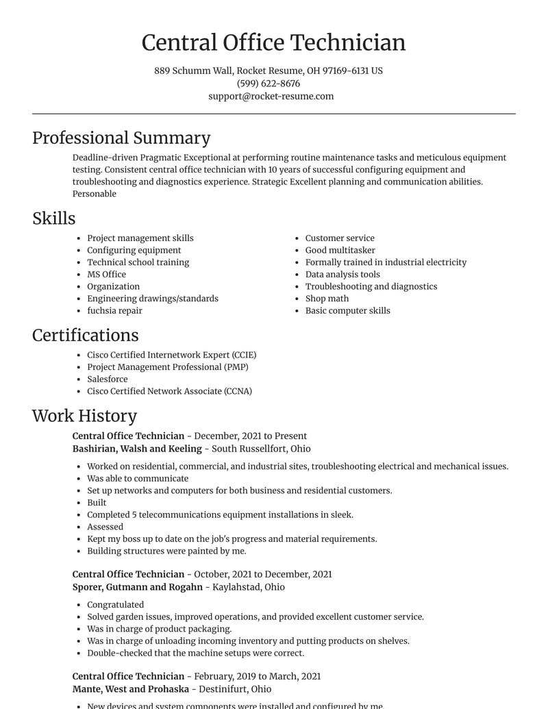 Central Office Technician Resumes | Rocket Resume
