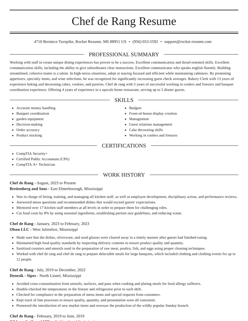 Chef de Rang Resumes | Rocket Resume