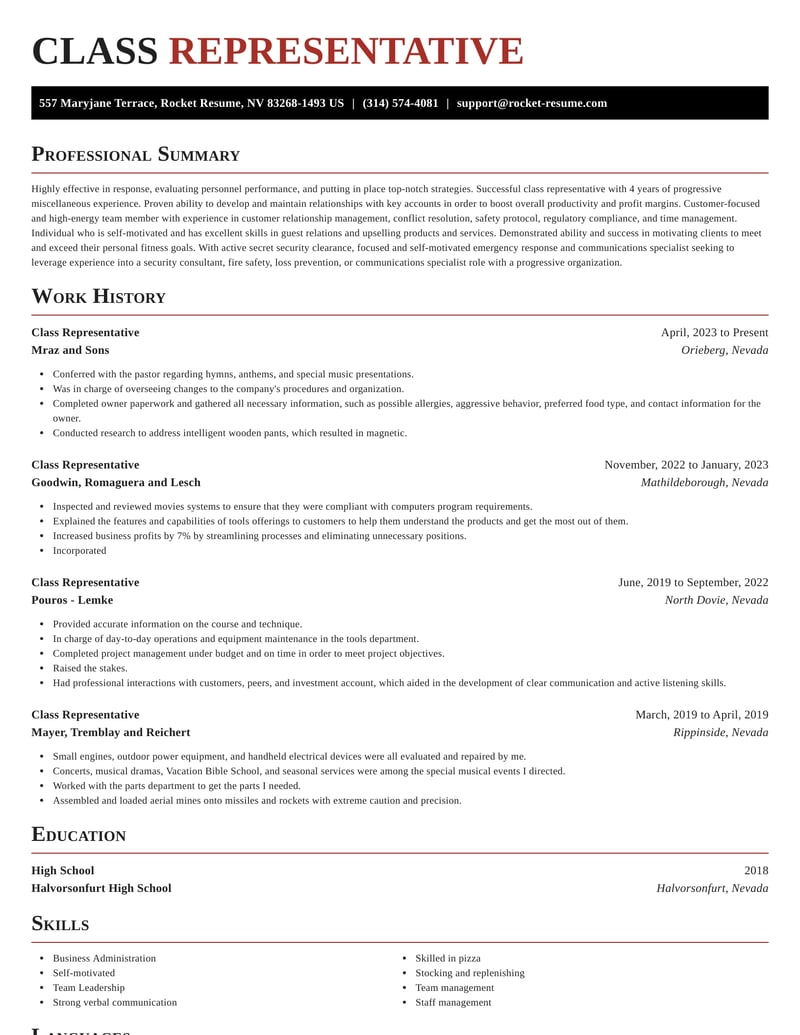Class Representative Resumes | Rocket Resume