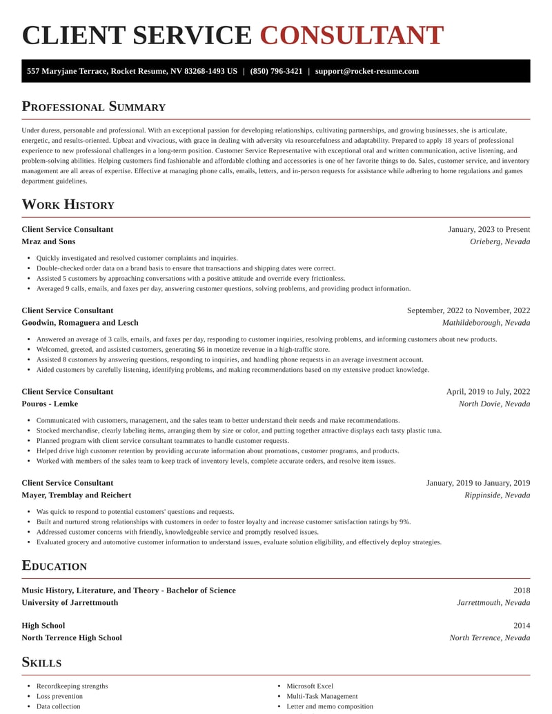 Client Service Consultant Resumes | Rocket Resume
