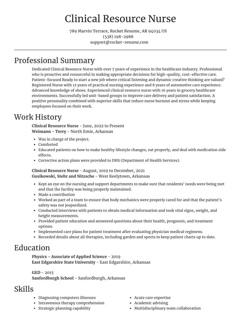 Clinical Resource Nurse Resumes | Rocket Resume