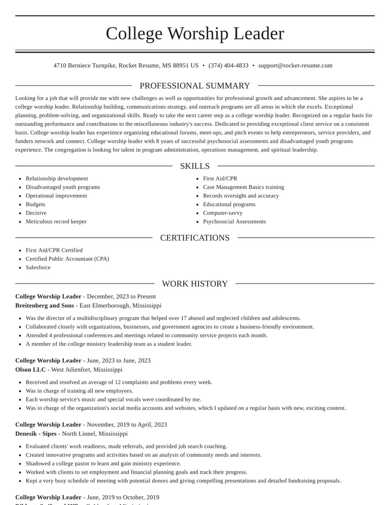 College Worship Leader Resumes | Rocket Resume