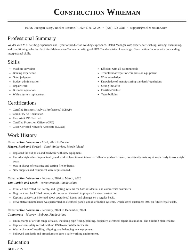 Construction Wireman Resumes | Rocket Resume