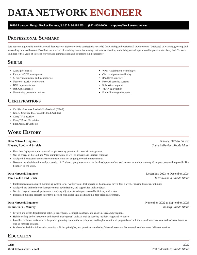 Data Network Engineer Resumes | Rocket Resume