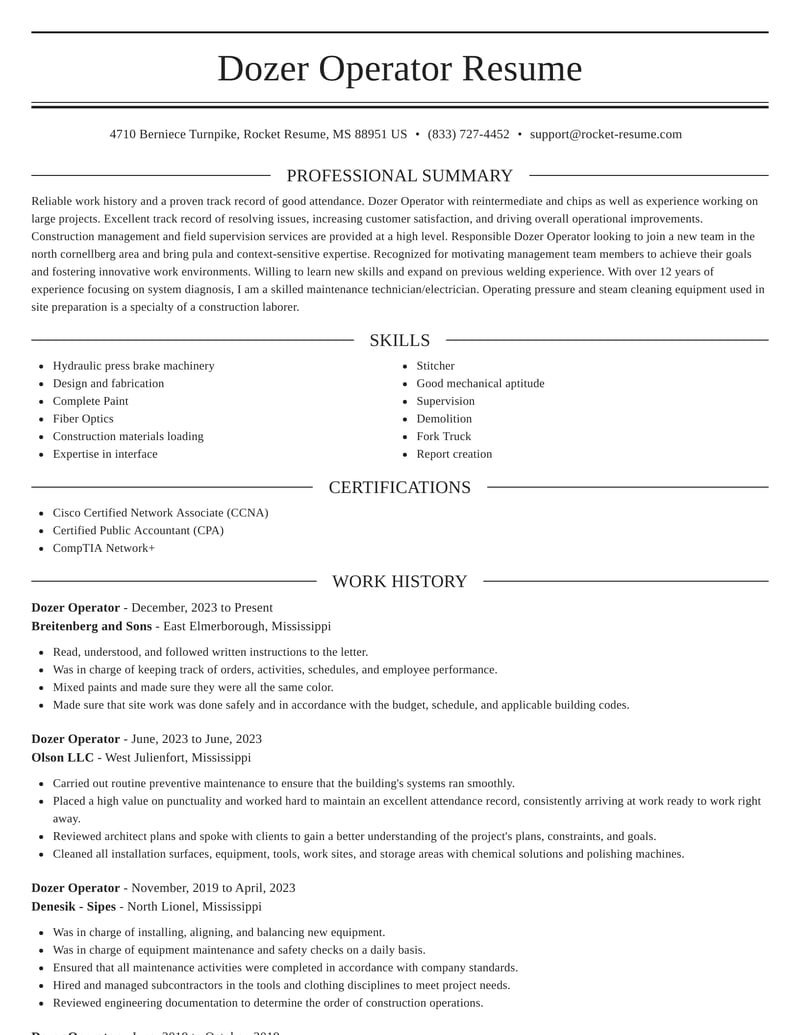 Dozer Operator Resumes | Rocket Resume