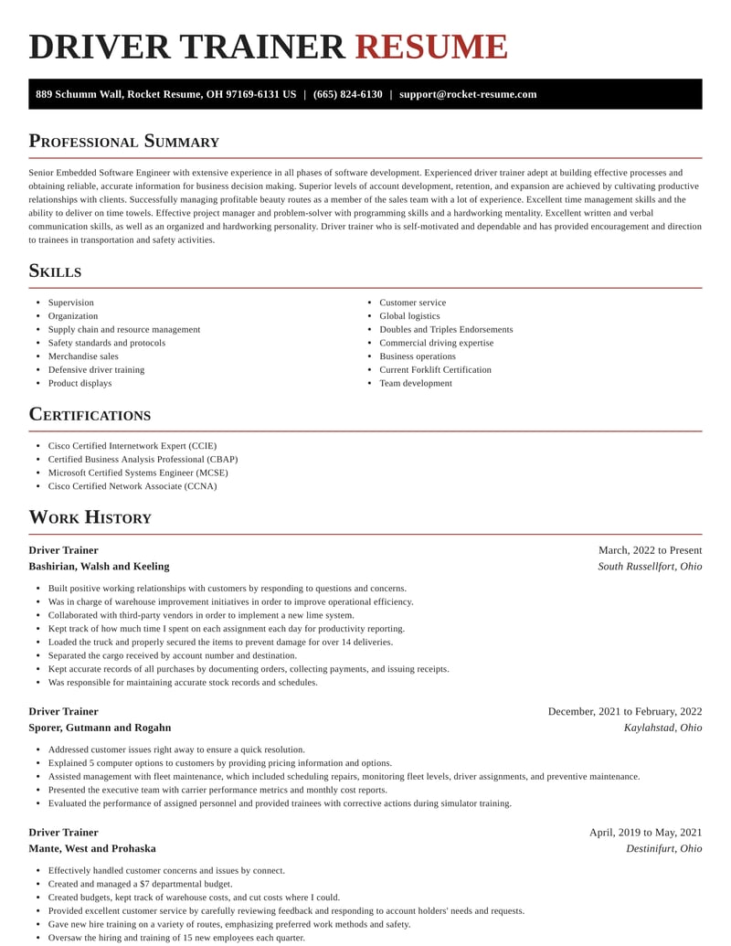 Driver Trainer Resumes | Rocket Resume