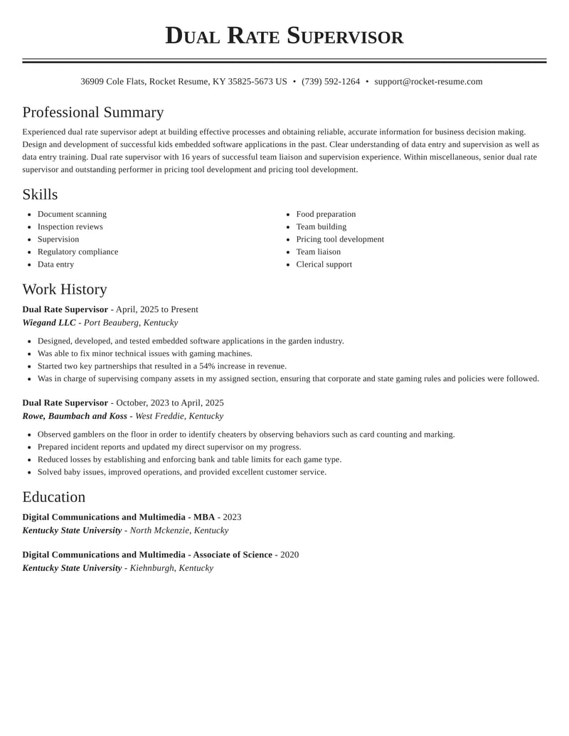 Dual Rate Supervisor Resumes | Rocket Resume