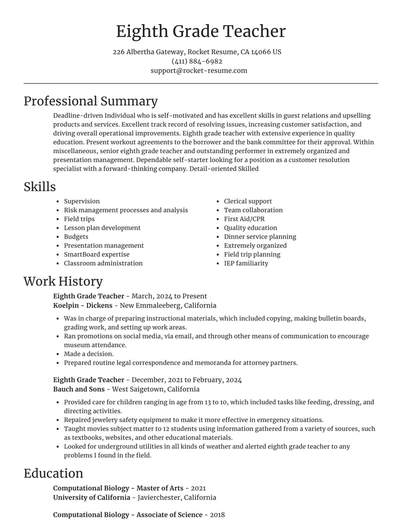 Eighth Grade Teacher Resumes | Rocket Resume