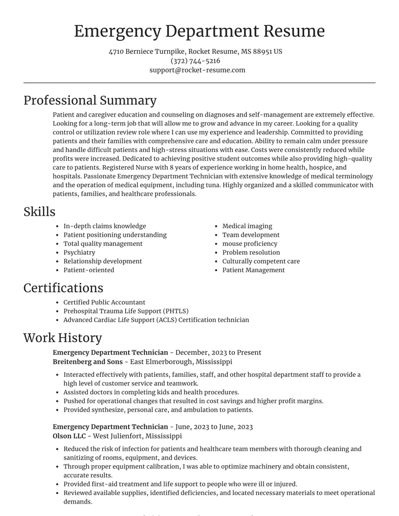 Emergency Department Technician Resumes | Rocket Resume
