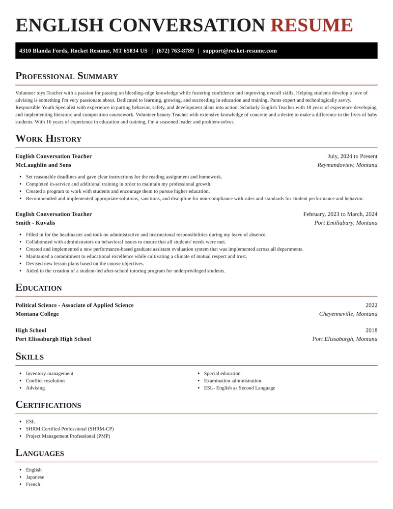English Conversation Teacher Resumes | Rocket Resume