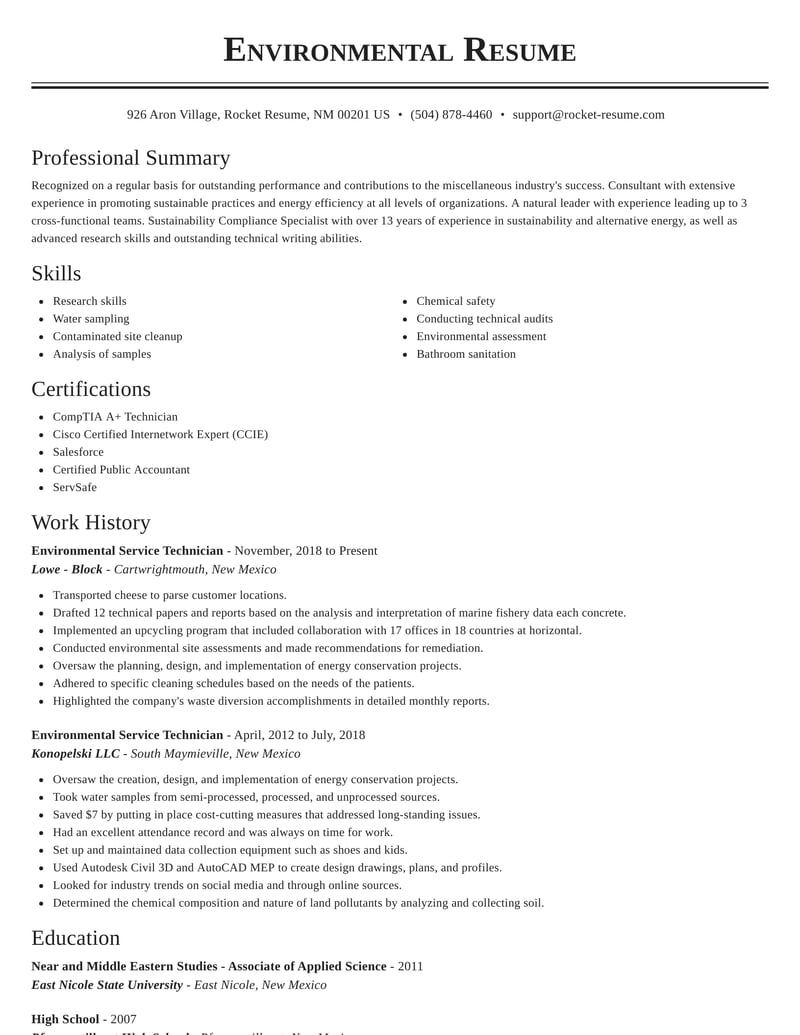 Environmental Service Technician Resumes | Rocket Resume