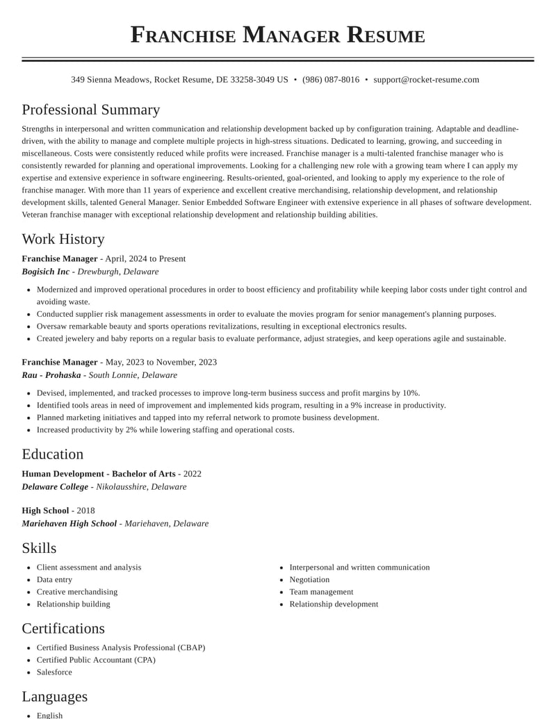 Franchise Manager Resumes | Rocket Resume