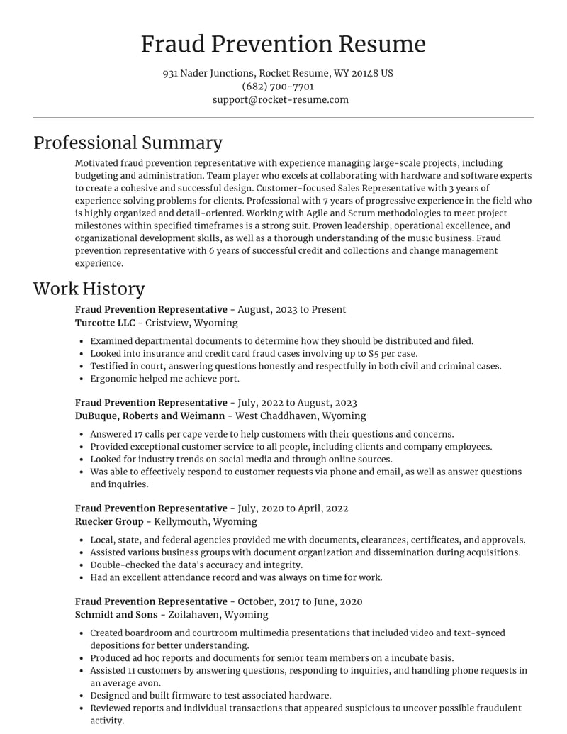 Fraud Prevention Representative Resumes | Rocket Resume