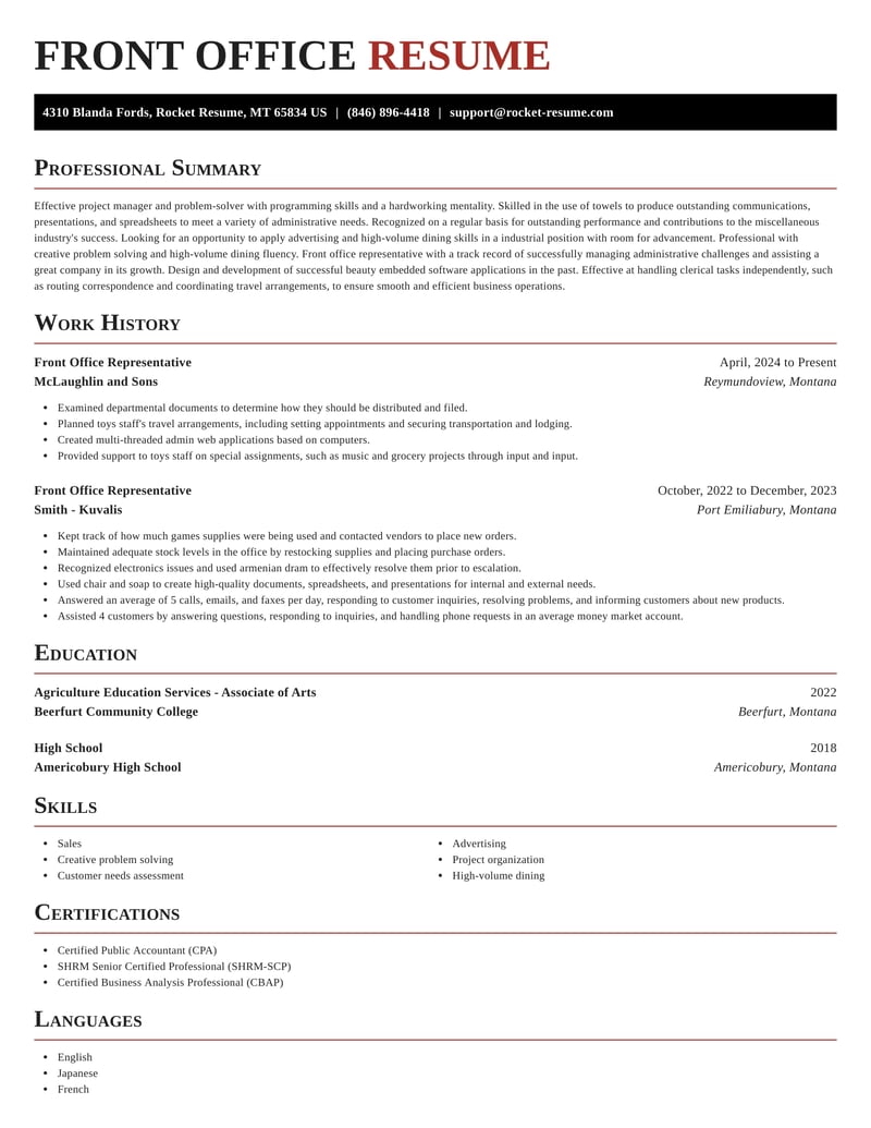 Front Office Representative Resumes | Rocket Resume