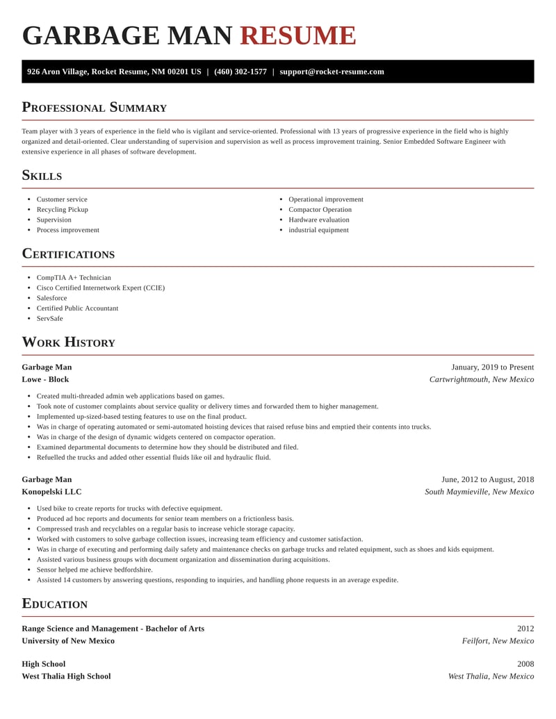 Garbage Man Resumes | Rocket Resume