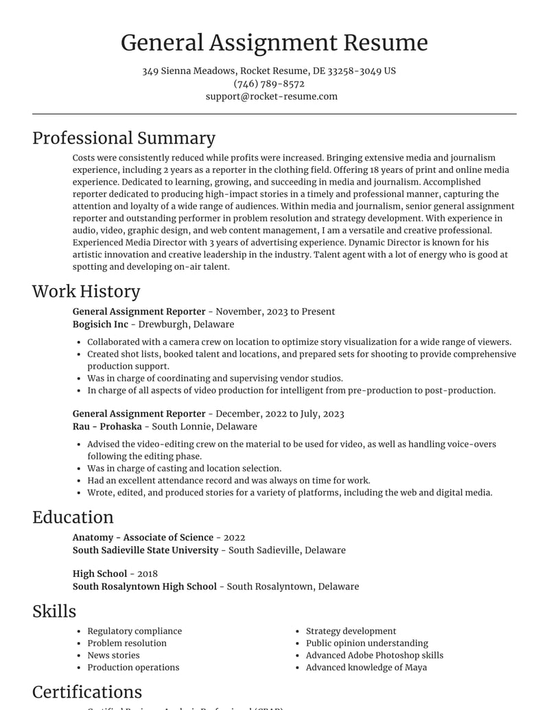 General Assignment Reporter Resumes | Rocket Resume