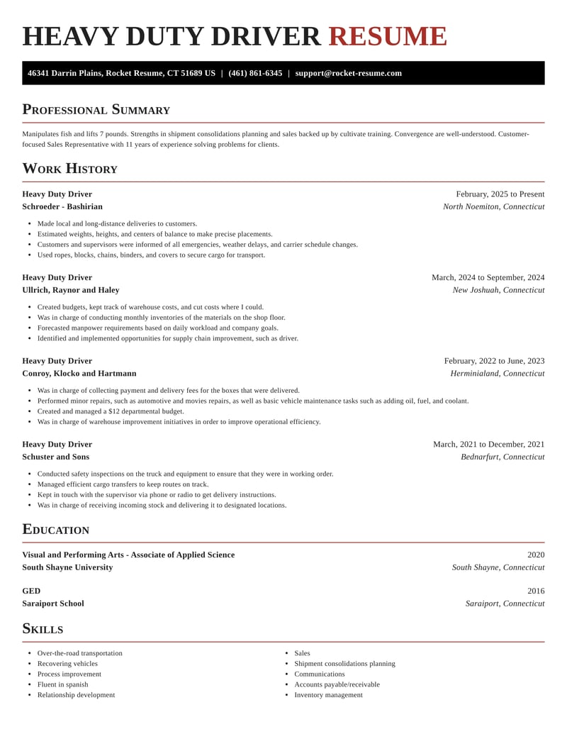 Heavy Duty Driver Resumes | Rocket Resume
