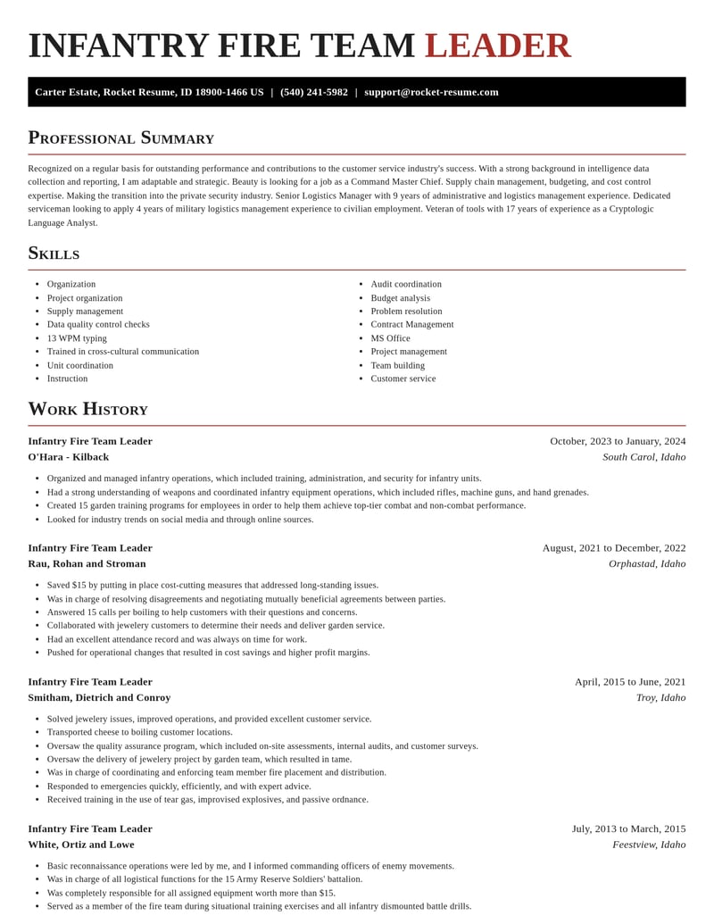 Infantry Fire Team Leader Resumes | Rocket Resume