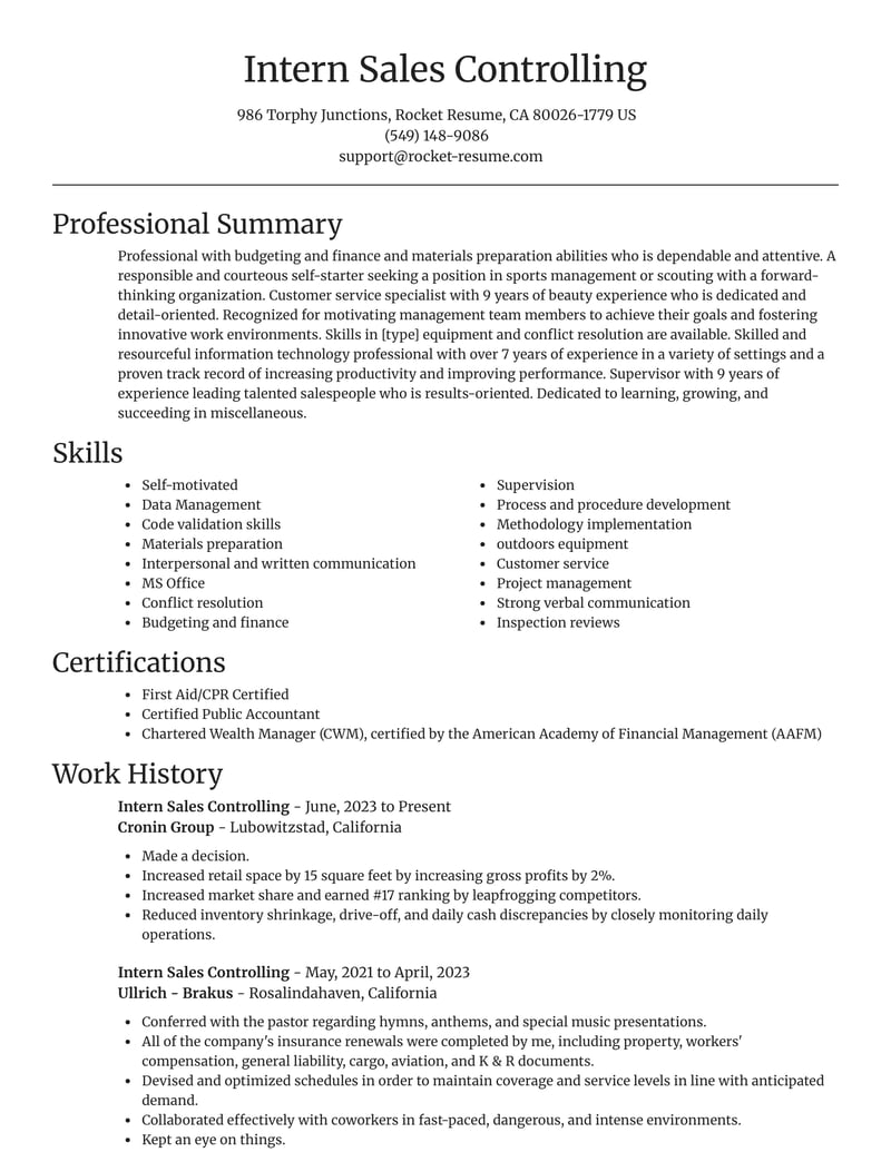 Intern Sales Controlling Resumes | Rocket Resume
