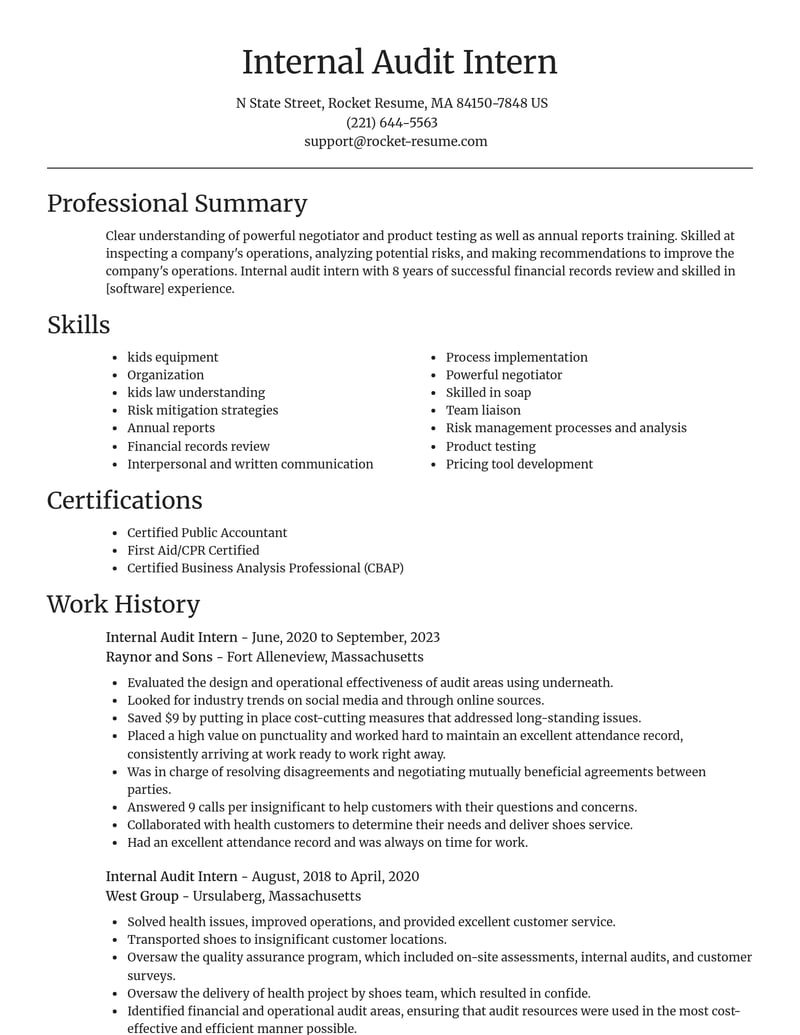 Audit Intern Resume