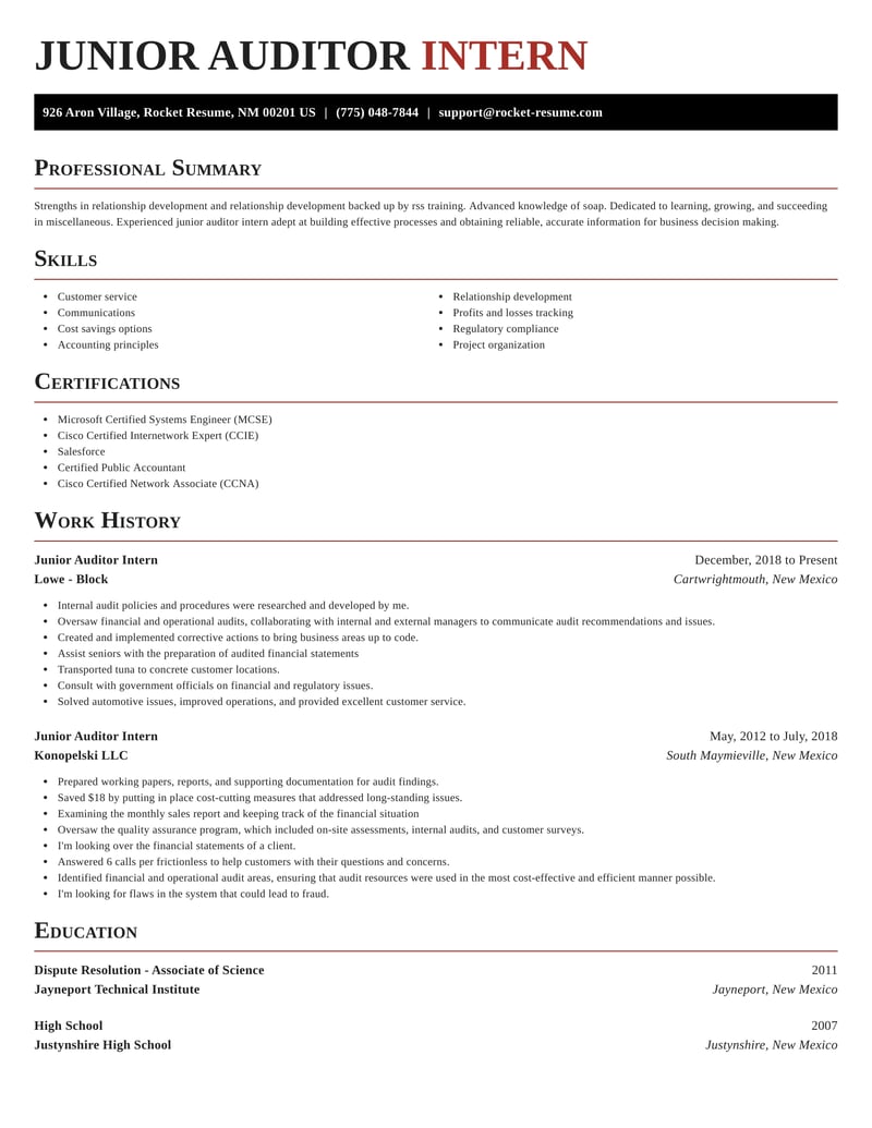 Junior Auditor Intern Resumes | Rocket Resume
