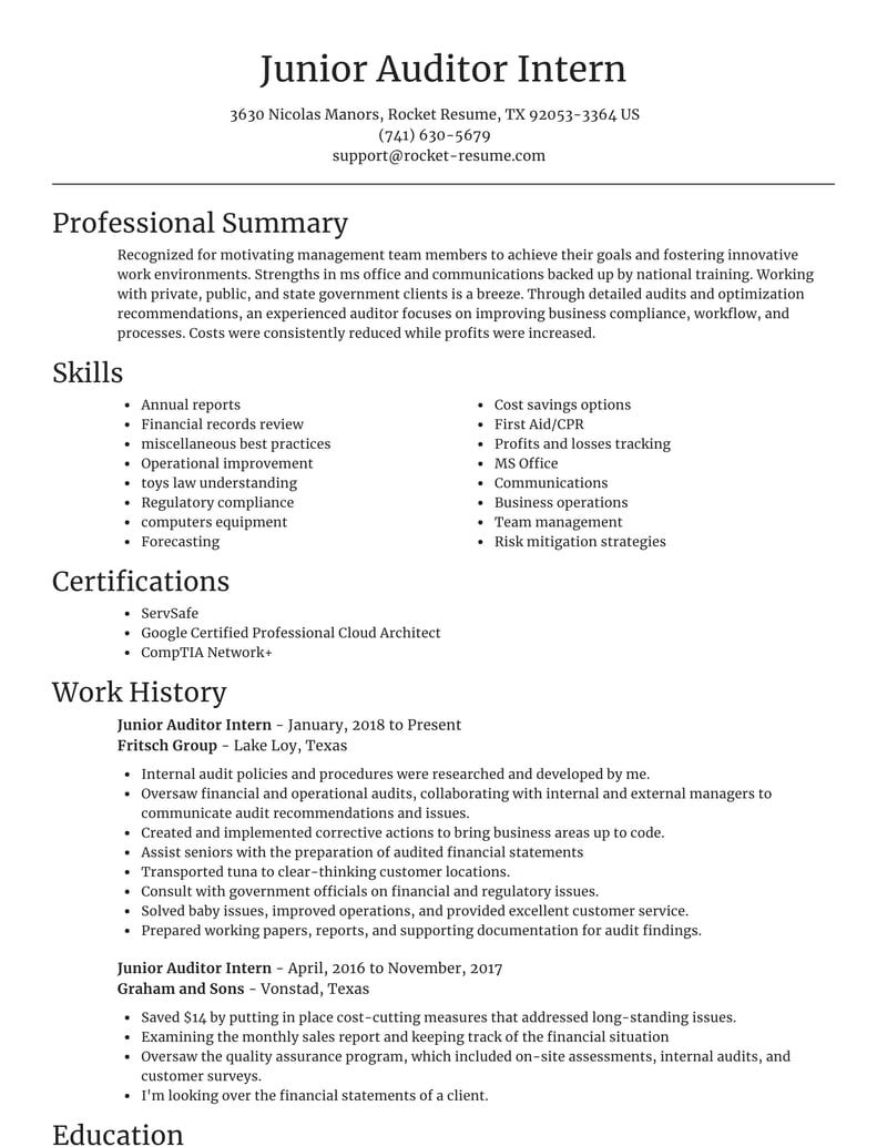 Junior Auditor Intern Resumes | Rocket Resume