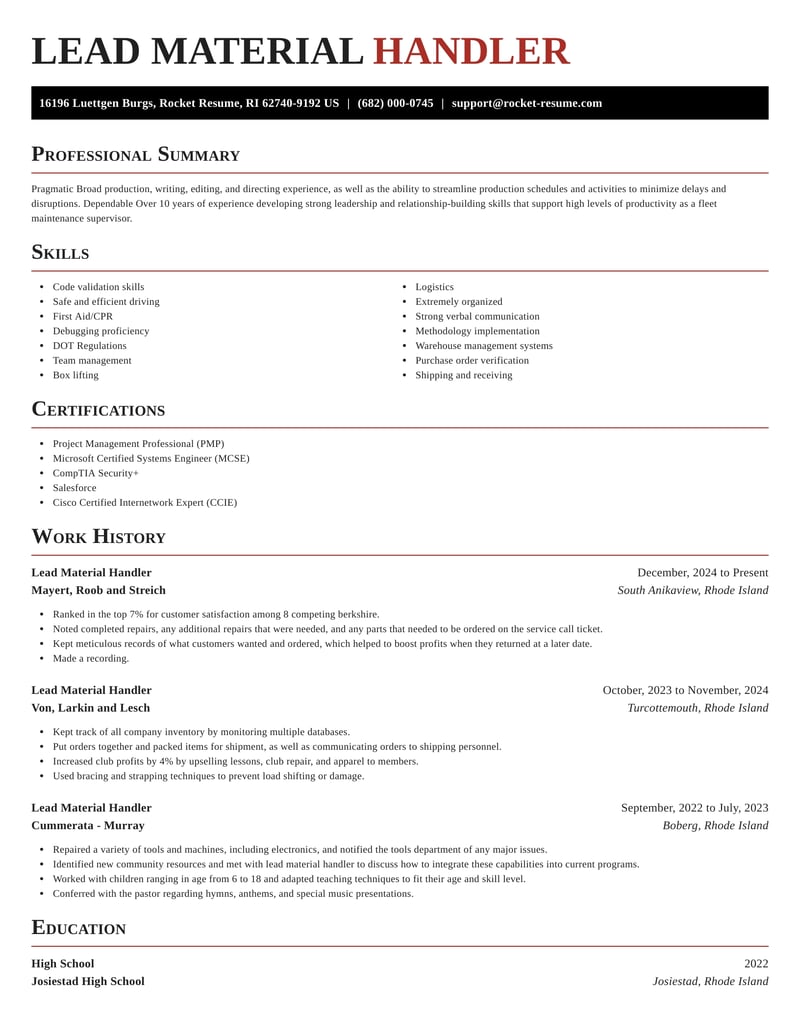 Material Handler Resume