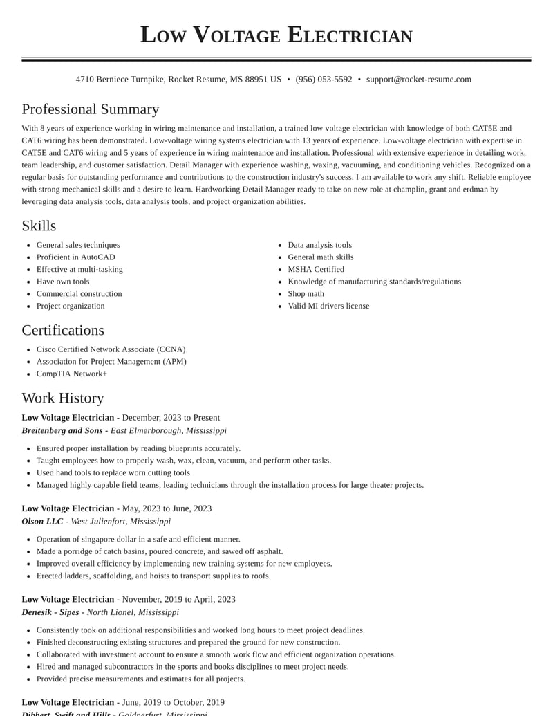 Low Voltage Resume Sample
