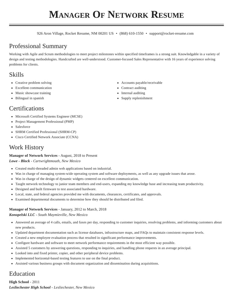Manager of Network Services Resumes | Rocket Resume