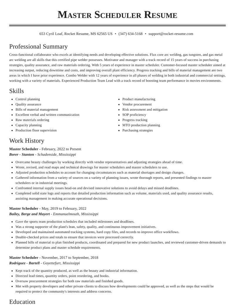 Master Scheduler Resumes | Rocket Resume
