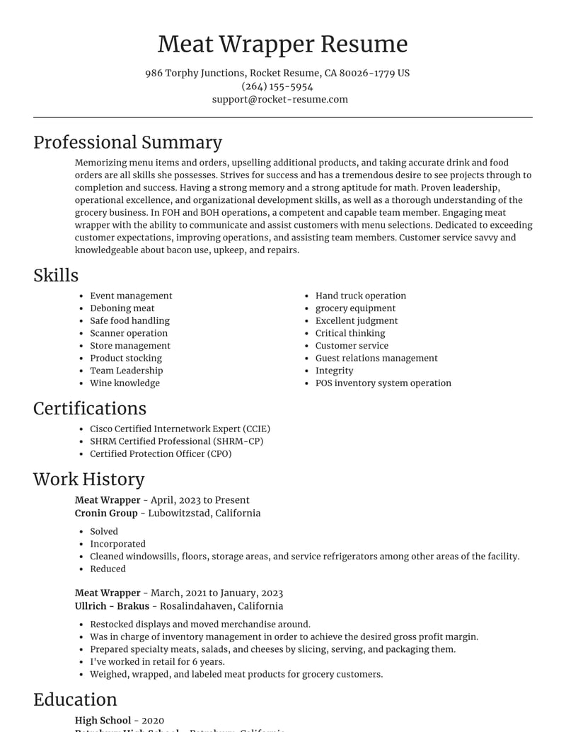 Meat Wrapper Resumes | Rocket Resume