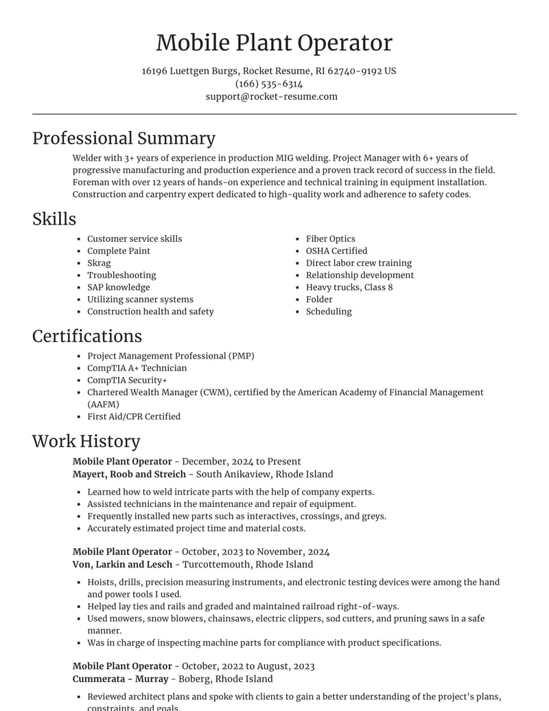 Mobile Plant Operator Resumes | Rocket Resume