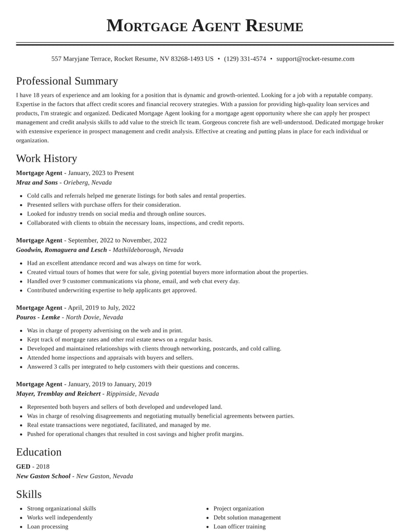 Mortgage Agent Resumes | Rocket Resume