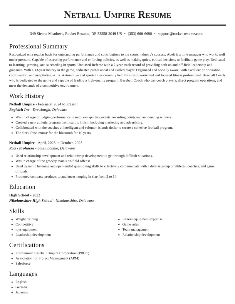 Netball Umpire Resumes | Rocket Resume